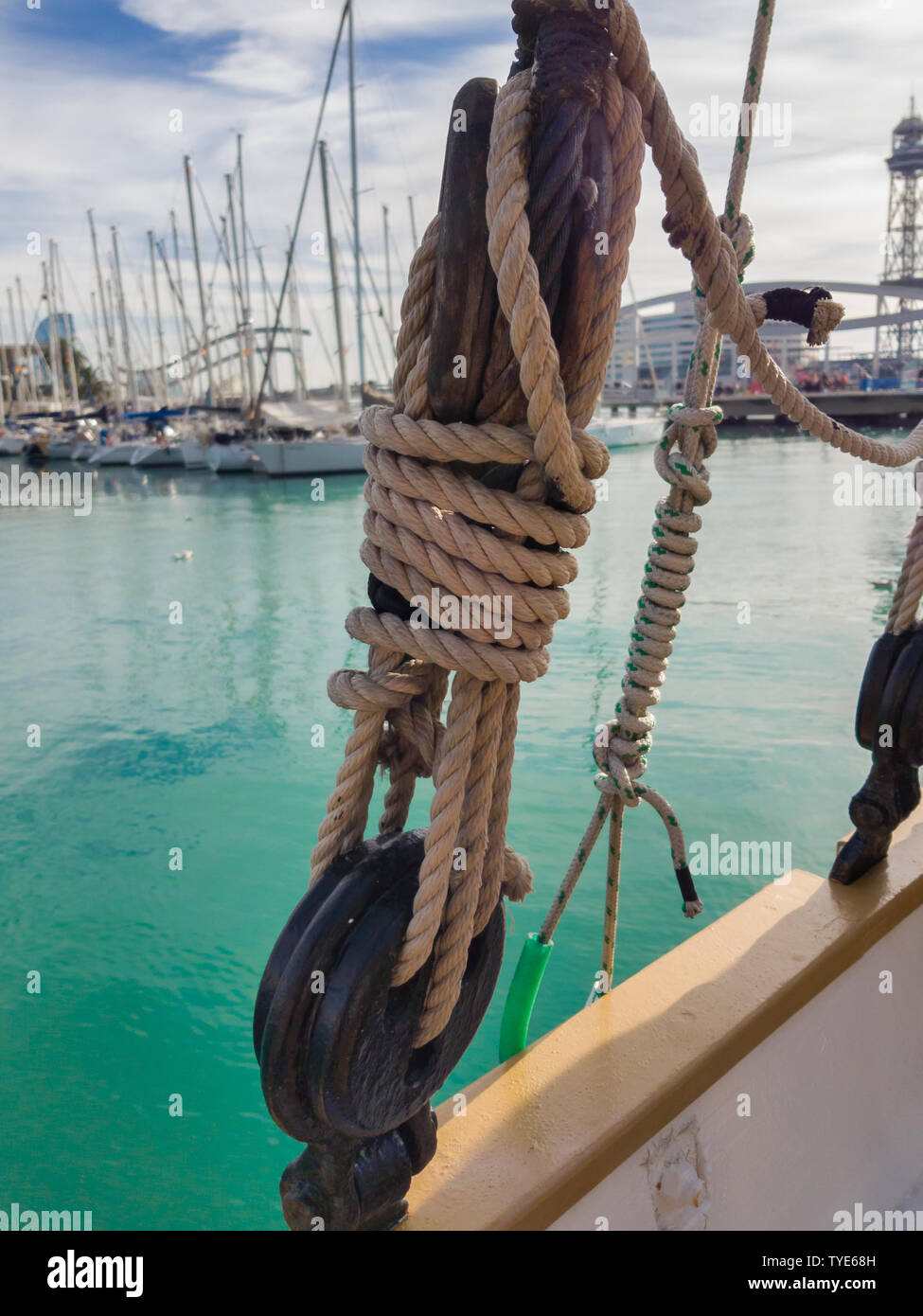 The dead eye. Standing rigging of a sailing ship. Selective focus Stock ...