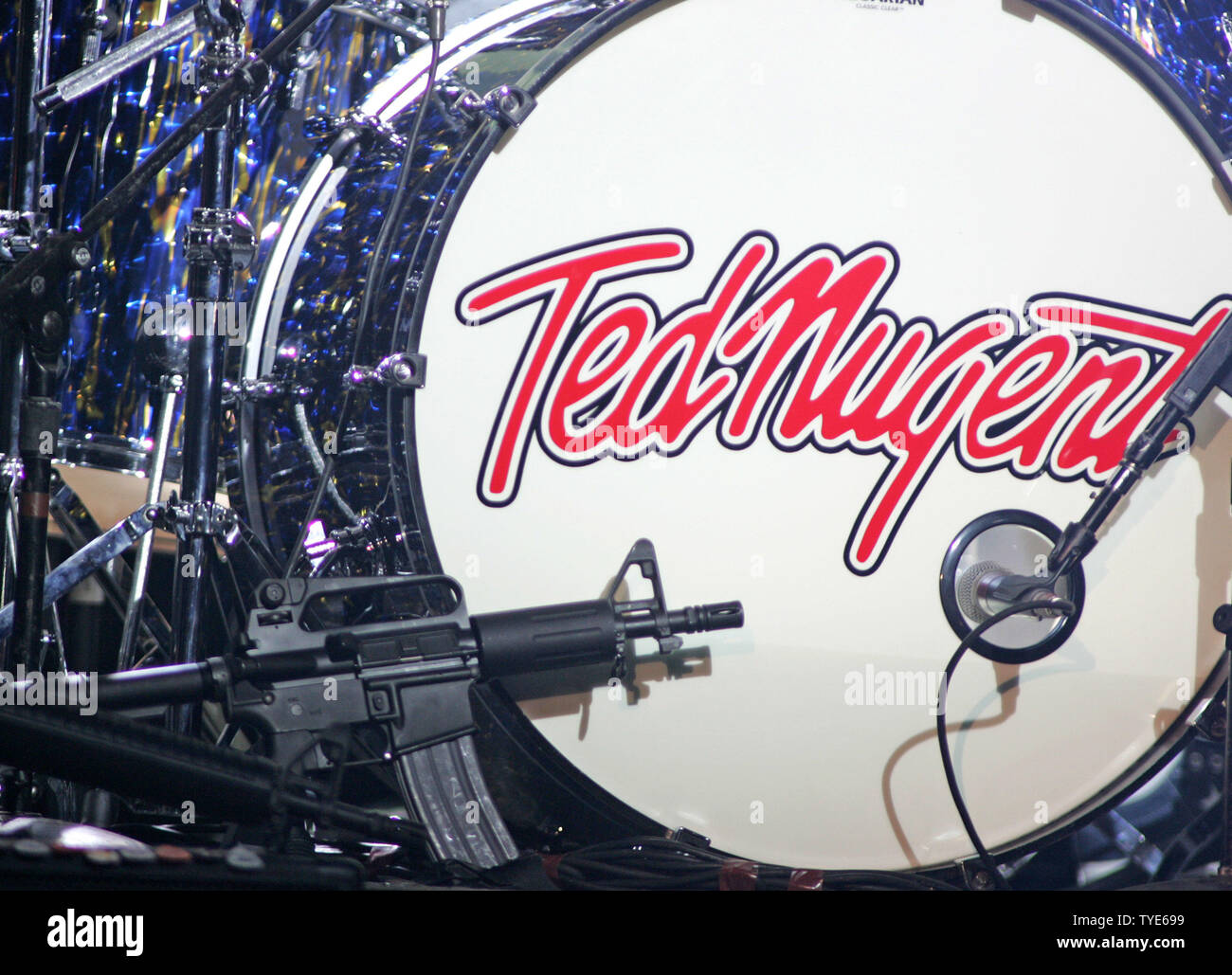 Gun activist Ted Nugent decorates the stage for his performance with ...