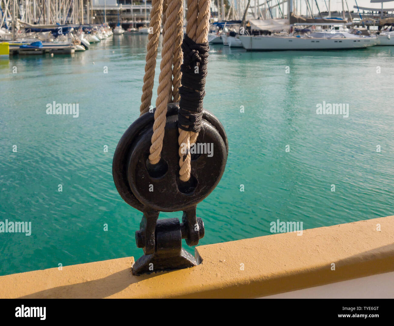 The dead eye. Standing rigging of a sailing ship. Selective focus Stock ...