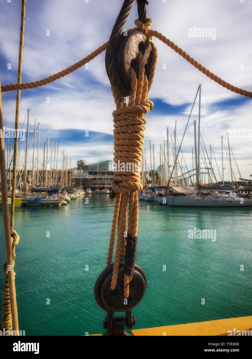 The dead eyes. Standing rigging of a sailing ship. Selective focus ...