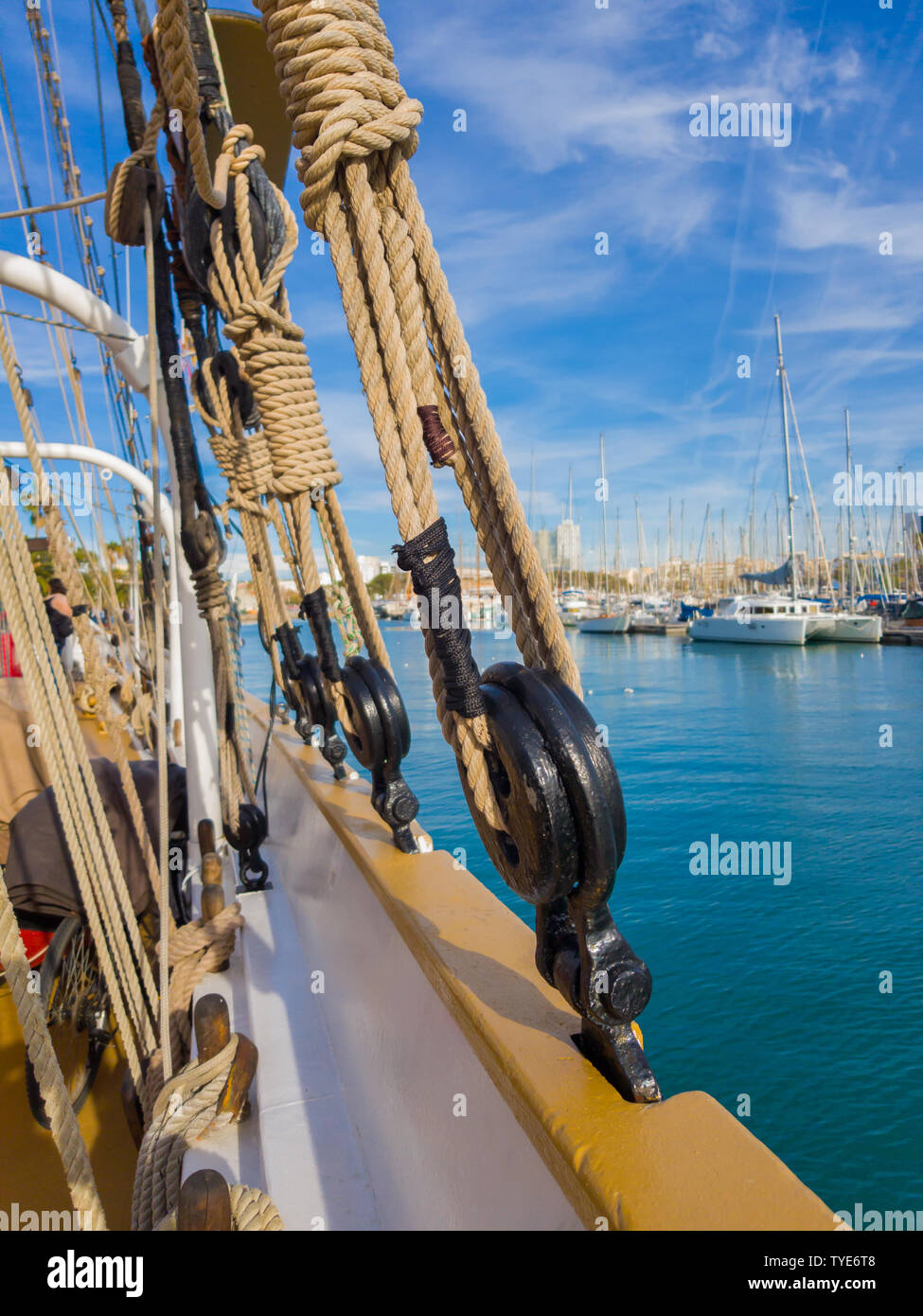 The dead eye and shroud. Standing rigging of a sailing ship. Selective ...