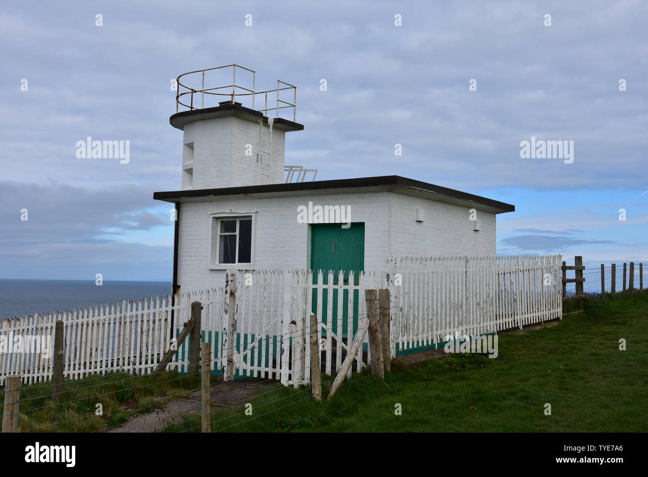 Fog horn station on the sea cliffs above the Irish Sea in England Stock ...