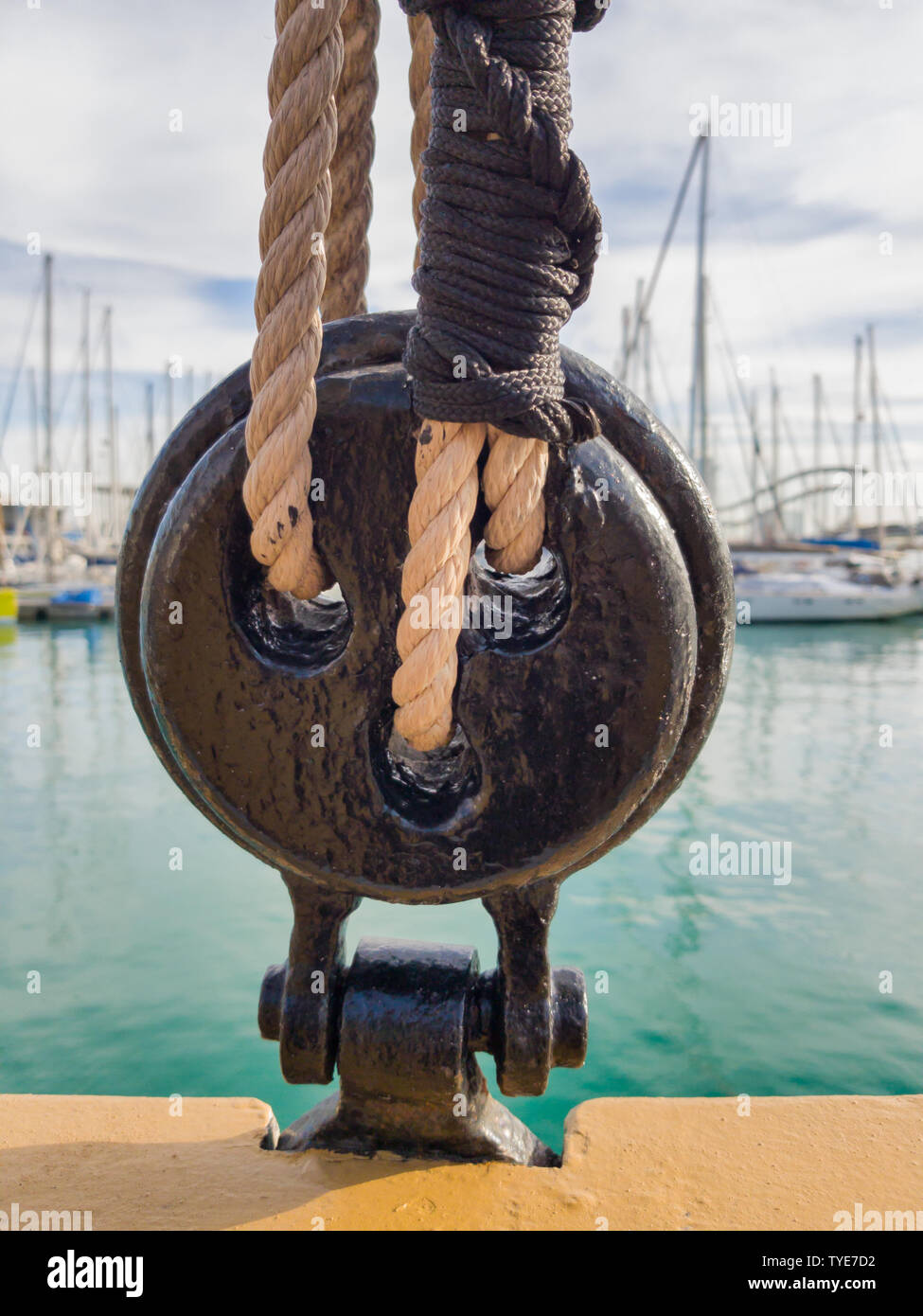 The dead eye. Standing rigging of a sailing ship. Selective focus Stock ...