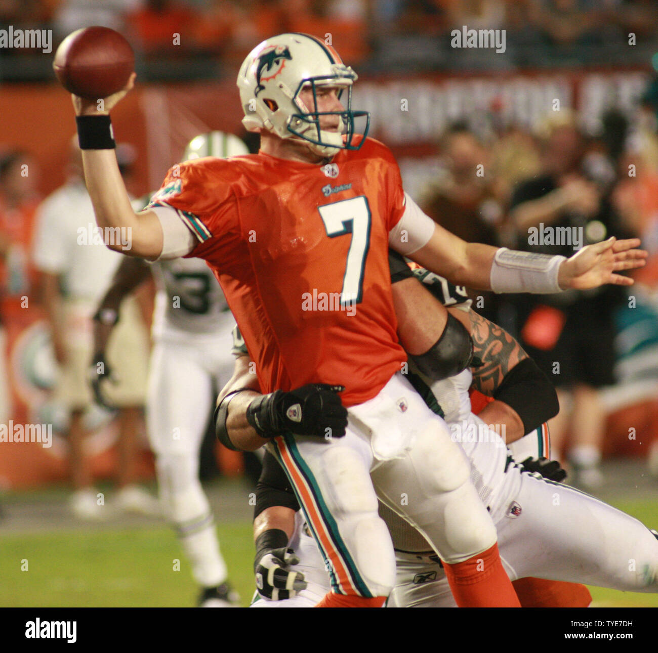Miami Dolphins QB Chad Henne (7) is restricted against the New York ...