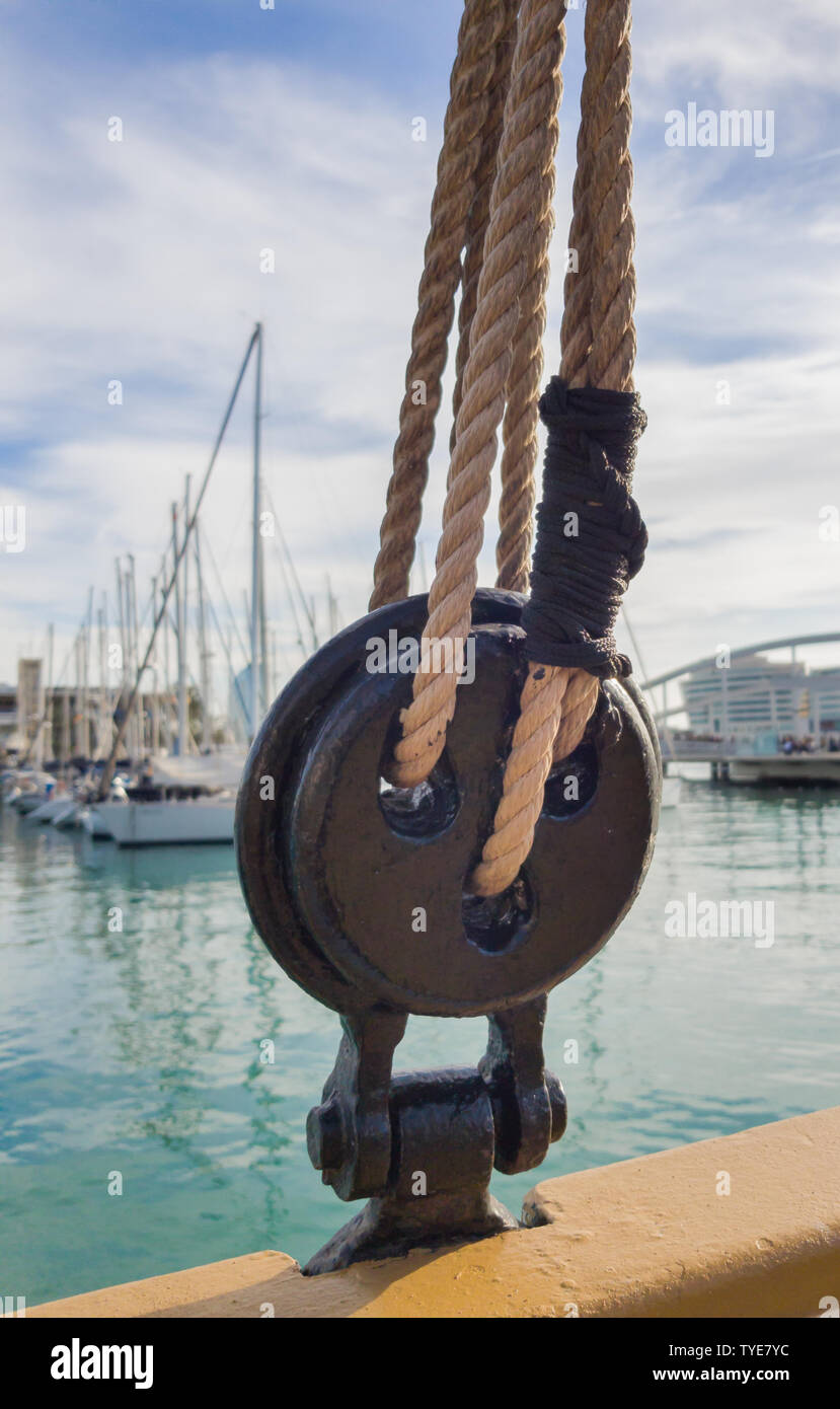 The dead eye. Standing rigging of a sailing ship. Selective focus Stock ...