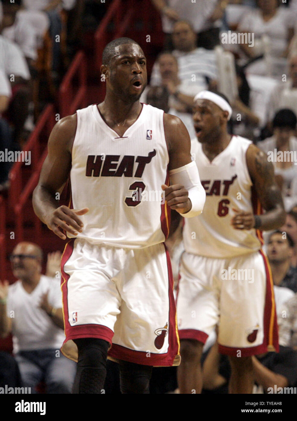 Miami Heat forward Dwyane Wade (3) celebrates a score during game 3 of ...
