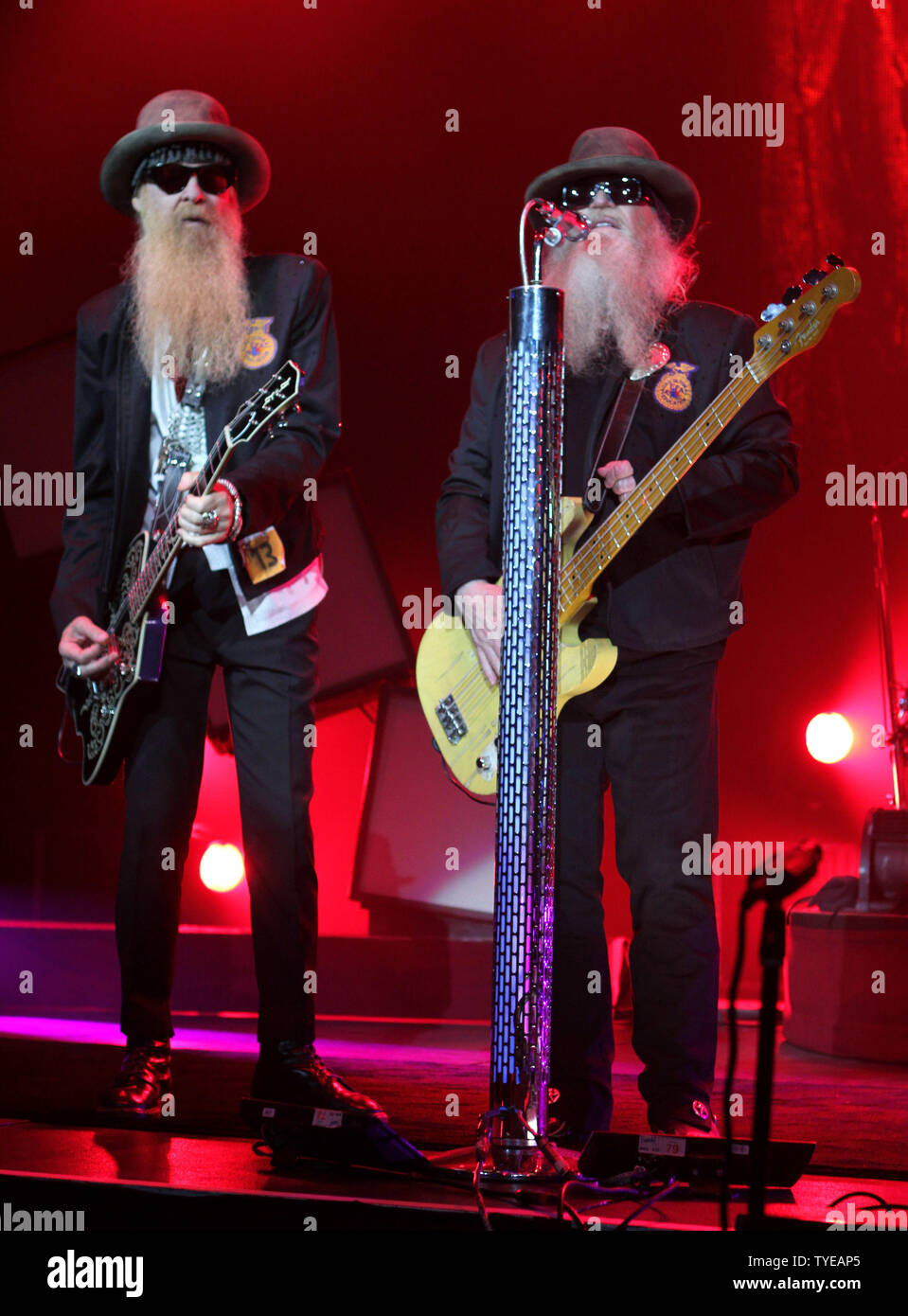 Dusty Hill (R) and Billy Gibbons (L) with ZZ Top perform in concert at ...