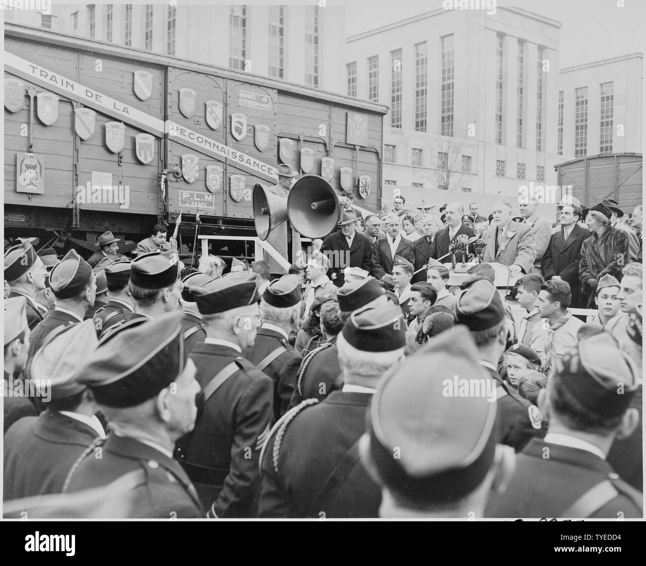 Photograph of Vice President Alben Barkley speaking to a crowd gathered ...