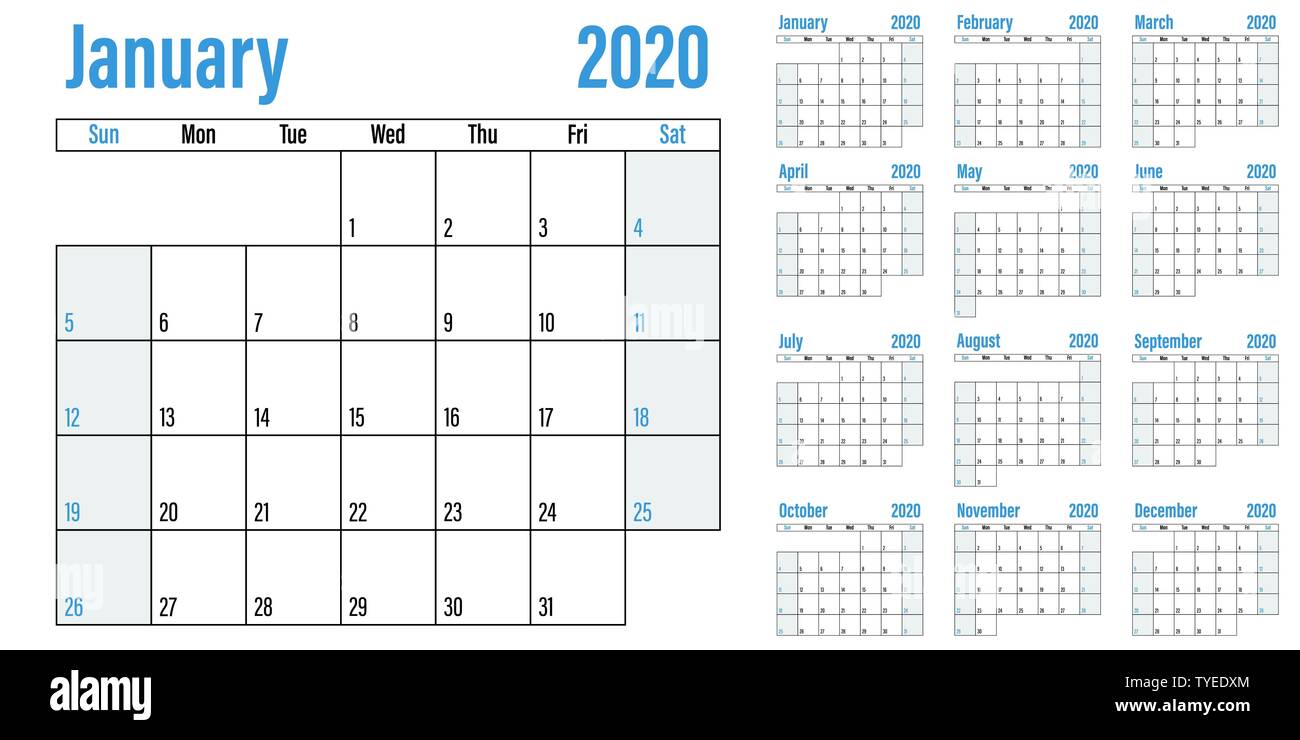 Calendar planner 2020 template vector illustration all 12 months week ...