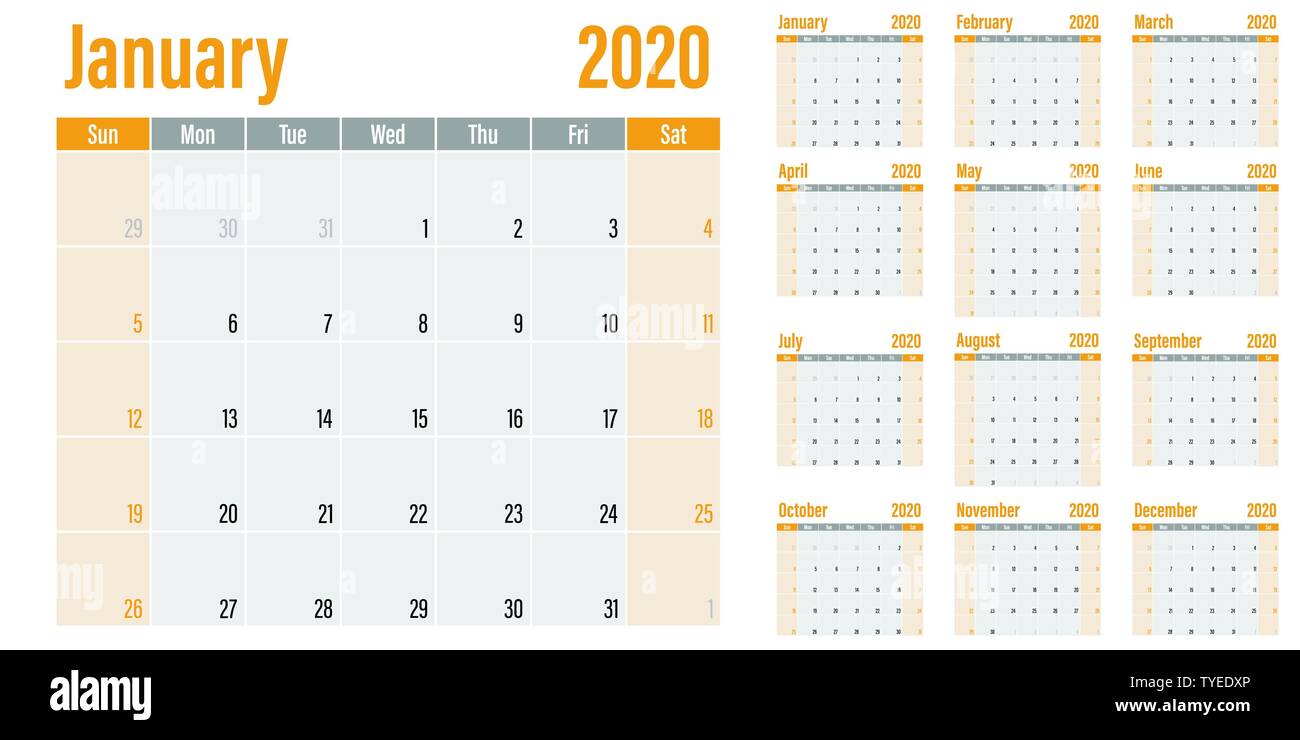 Calendar planner 2020 template vector illustration all 12 months week ...