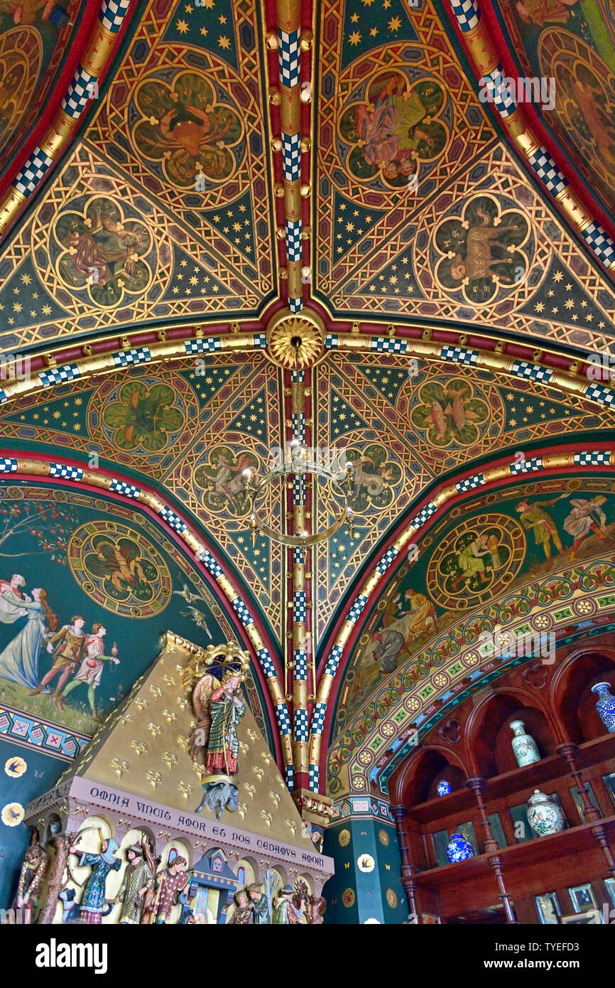 The gilded ceiling displaying signs of the zodiac, highly painted and ...