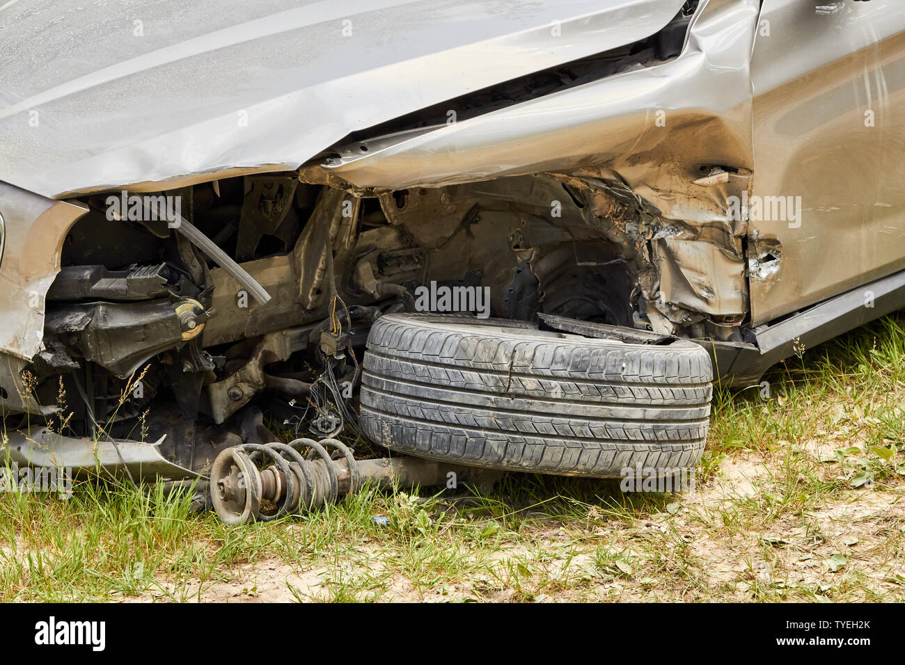 Car accident on rural road in June car after a collision with other ...