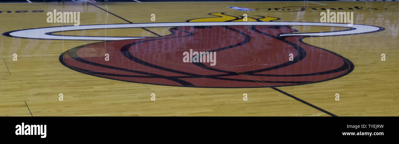 The Miami Heat logo is displayed on the floor of the arena as the Miami ...