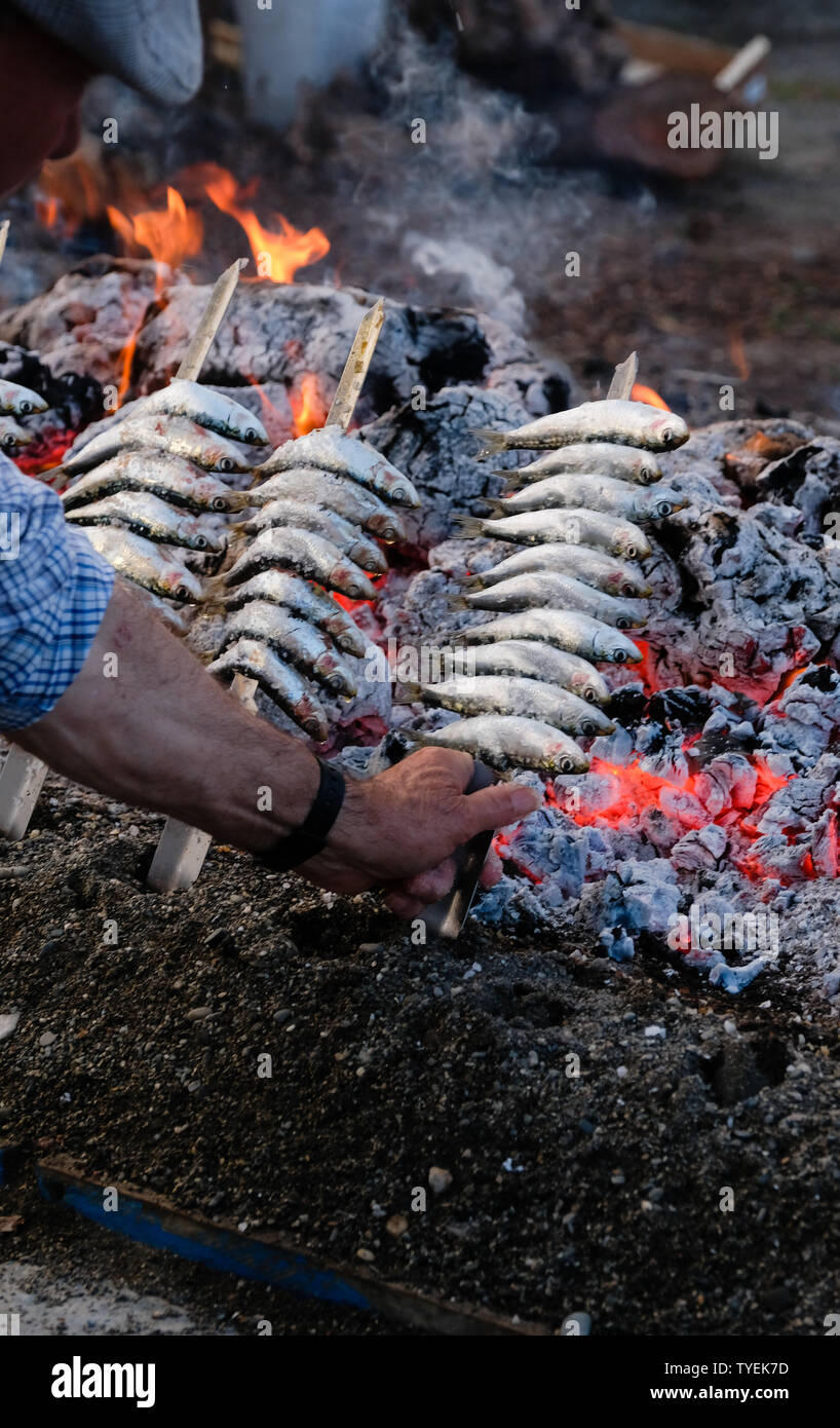 Traditional espetos or sardines cooked on the beach at Torre del Mar ...