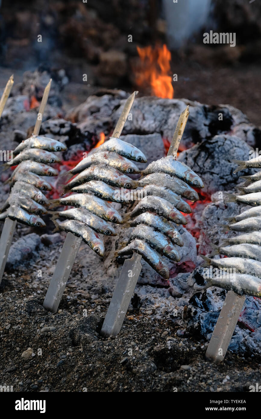 Traditional espetos or sardines cooked on the beach at Torre del Mar ...