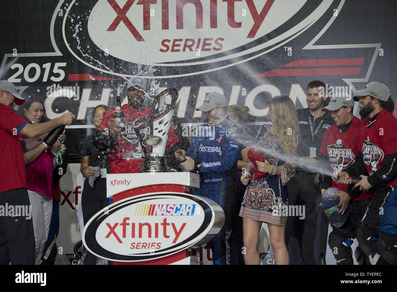 NASCAR Xfinity Series racer Chris Buescher (60) celebrates after ...