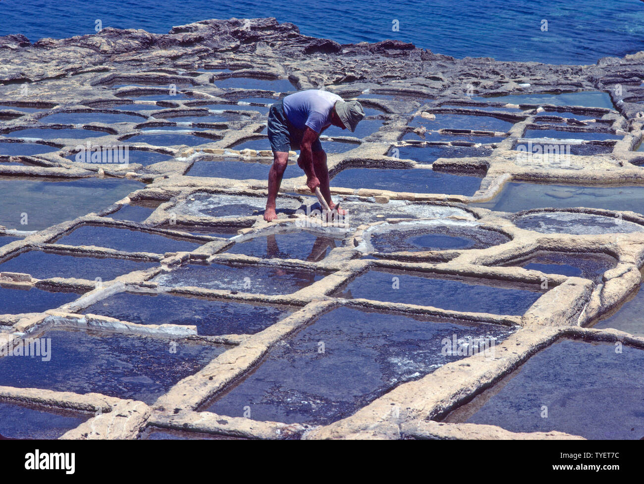 Historical 1980s archive view man working ancient Maltese saltern pans ...