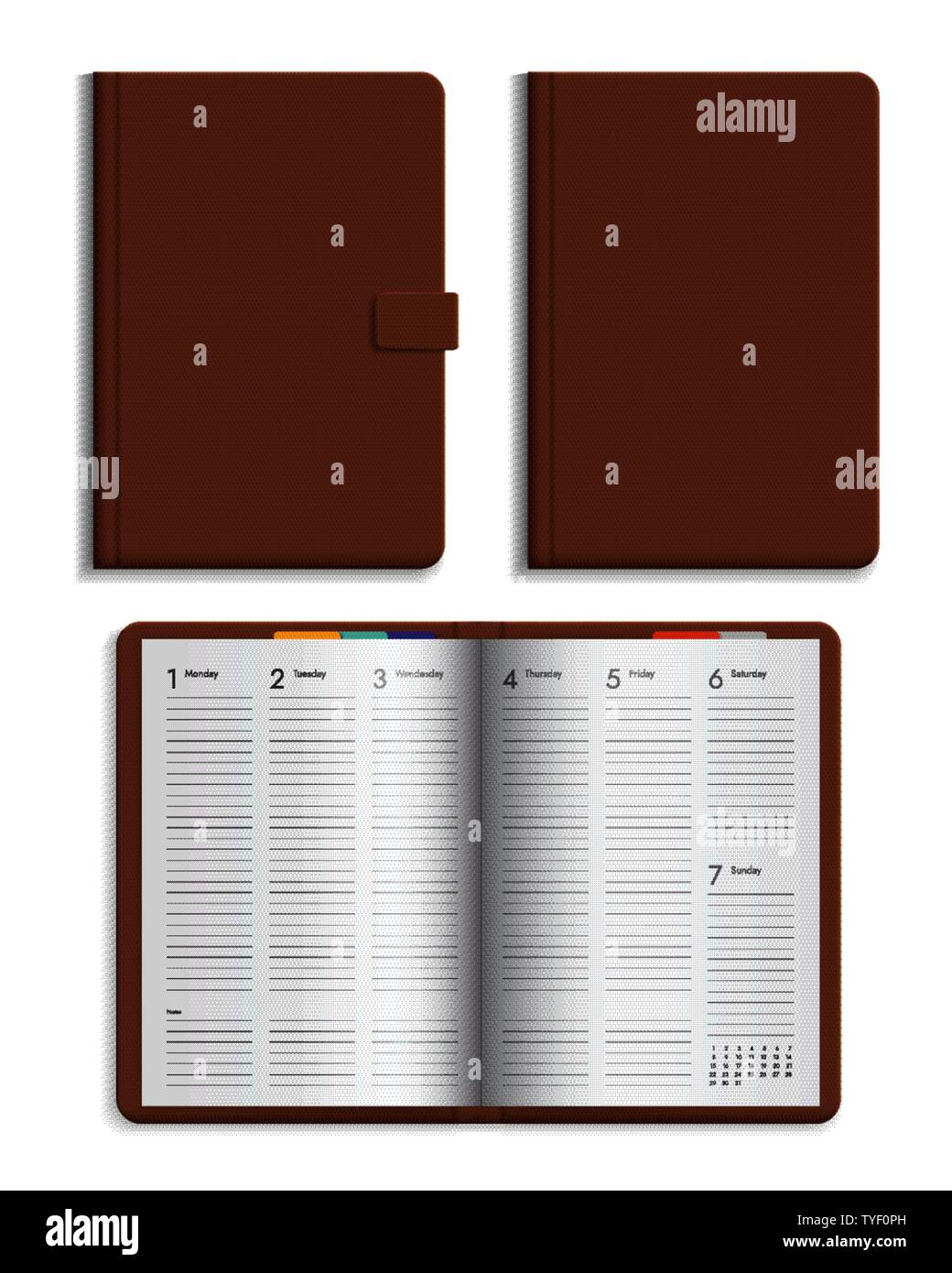 Set of open and closed leather diary with calendar pages. Hard cover ...