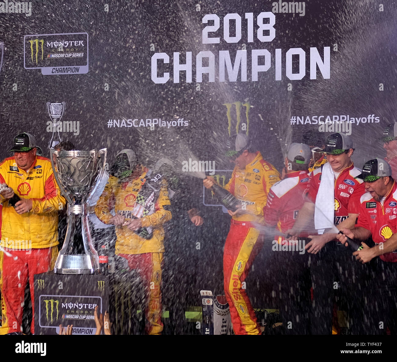 Joey Logano (22) celebrates wining the NASCAR Cup Series Championship ...