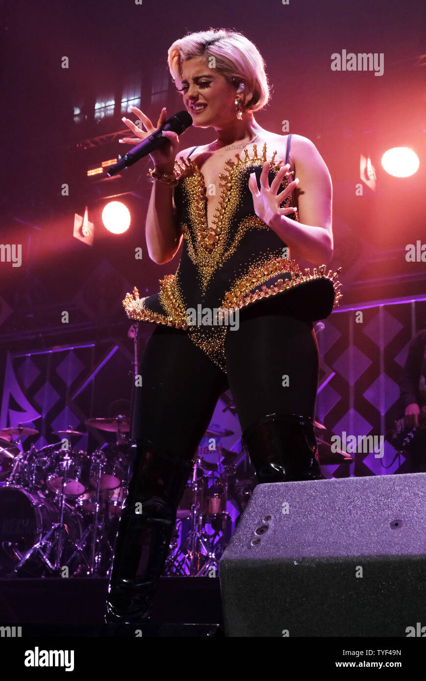 Bebe Rexha performs at the Y100 iHeartRadio Jingle Ball 2018 concert at ...