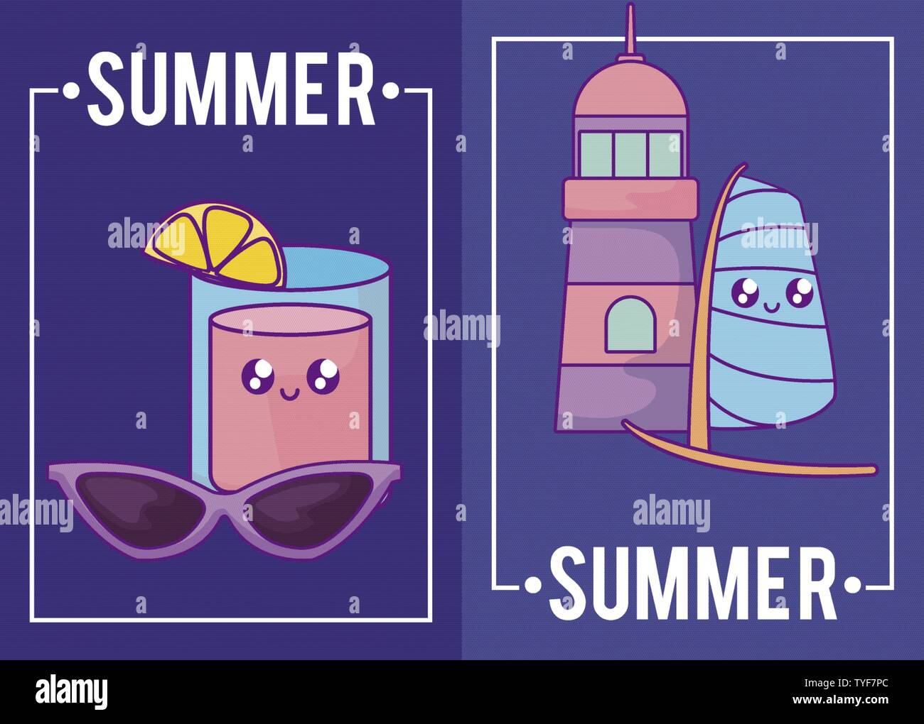 summer label with lighthouse and icons kawaii vector illustration ...