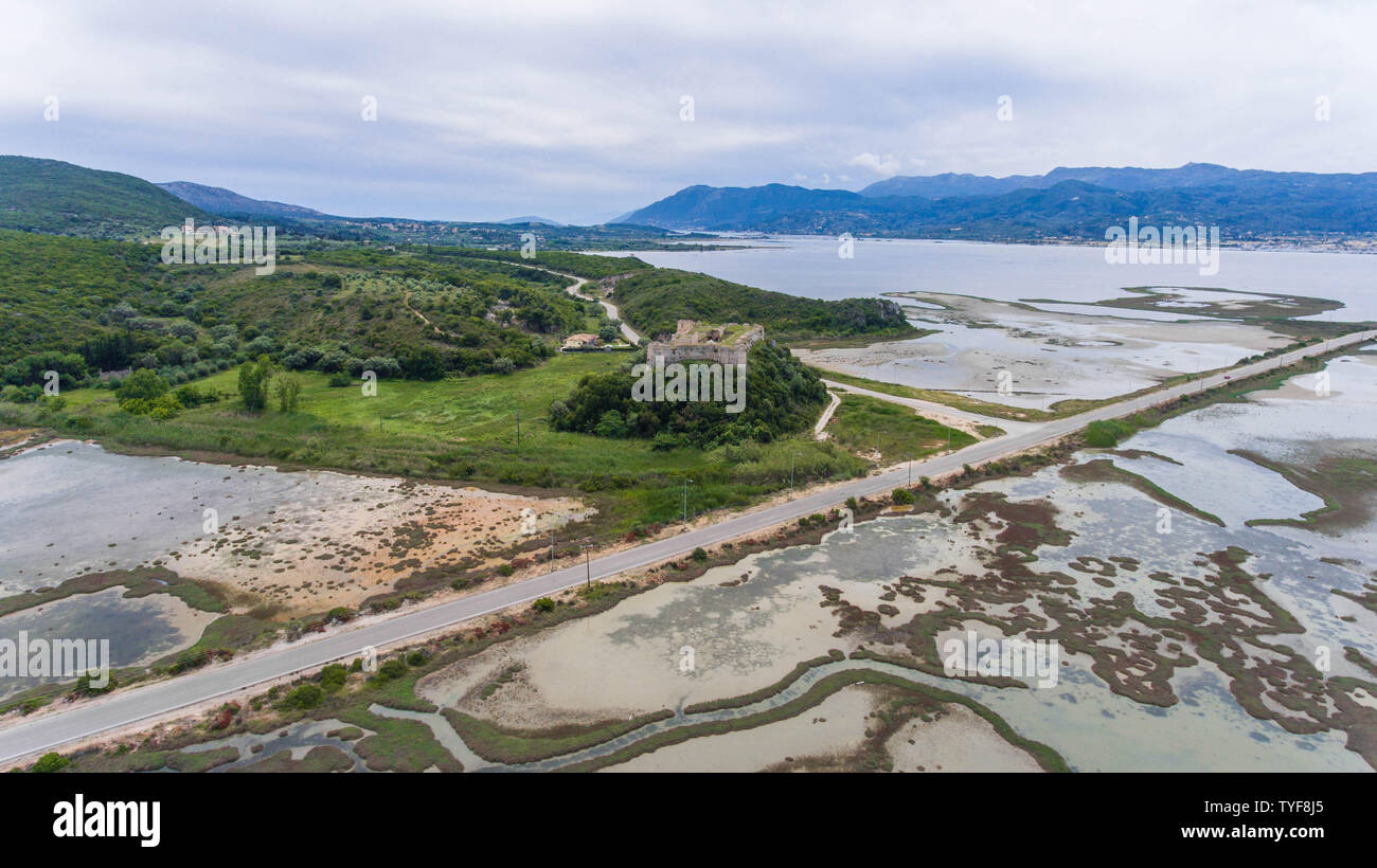 Aerial view of iconic medieval castle of Agia Mavra in the vicinity of ...