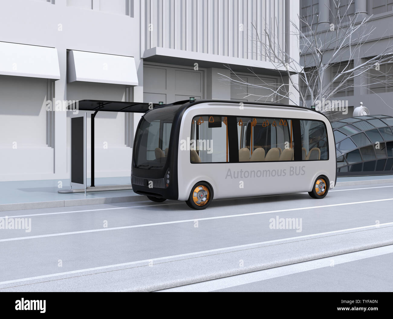 Self-driving shuttle bus at bus stop. 3D rendering image Stock Photo ...