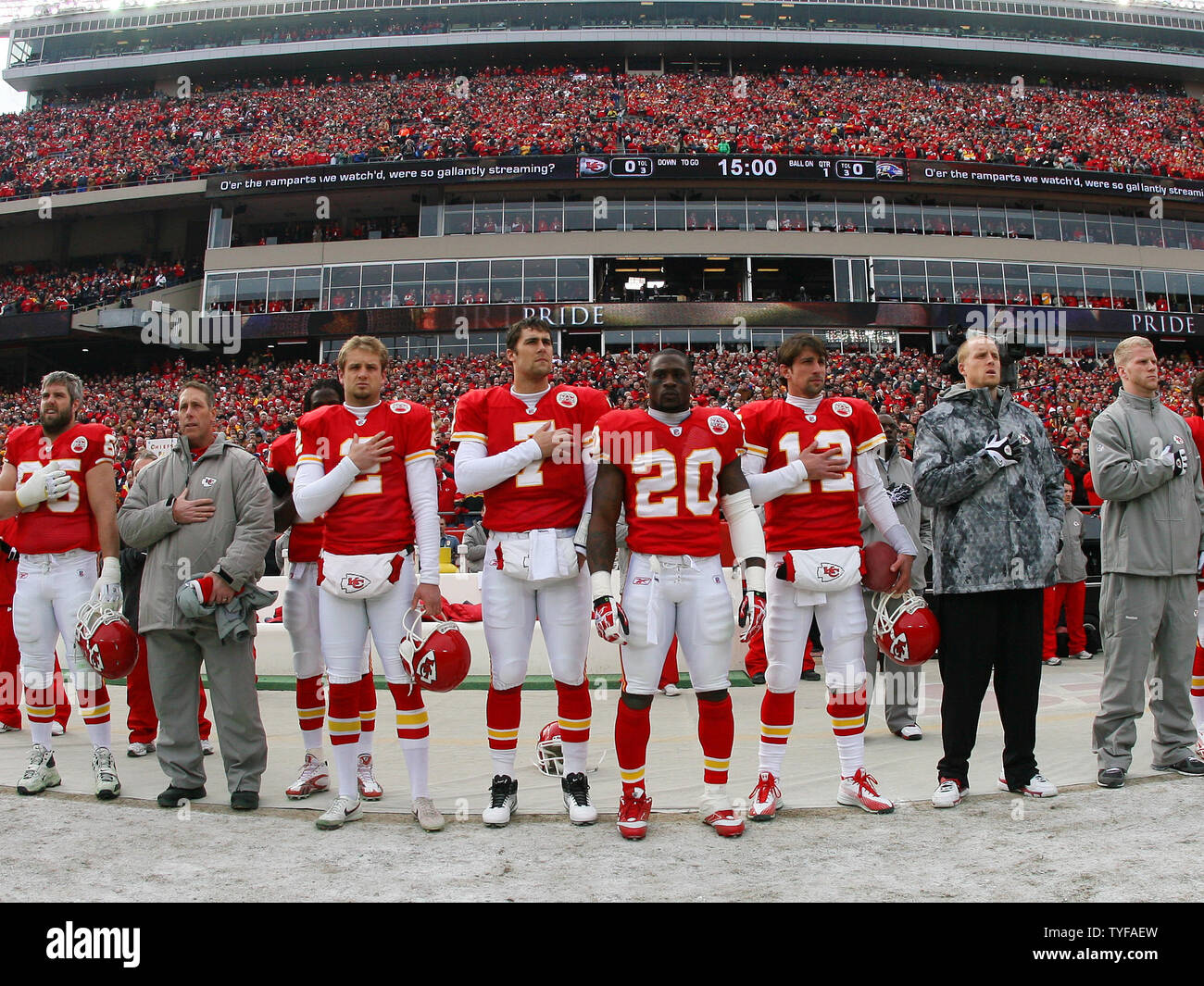 Kansas City Chiefs Matt Cassel, Thomas Jones and Brodie Croyle observe ...