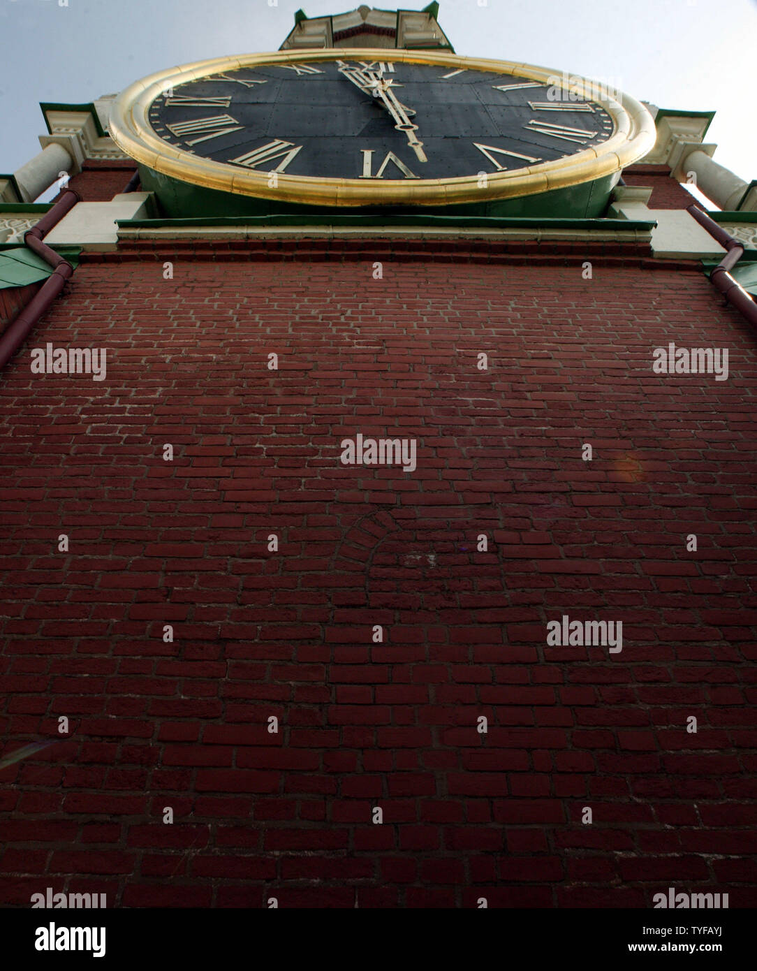 A view of the clock on the Spasskaya Tower in Kremlin in Moscow on July ...