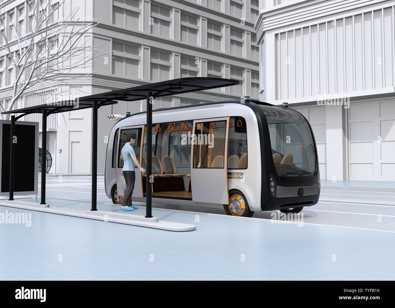 In a bus stop a man get on a autonomous bus. The bus stop equipped with ...