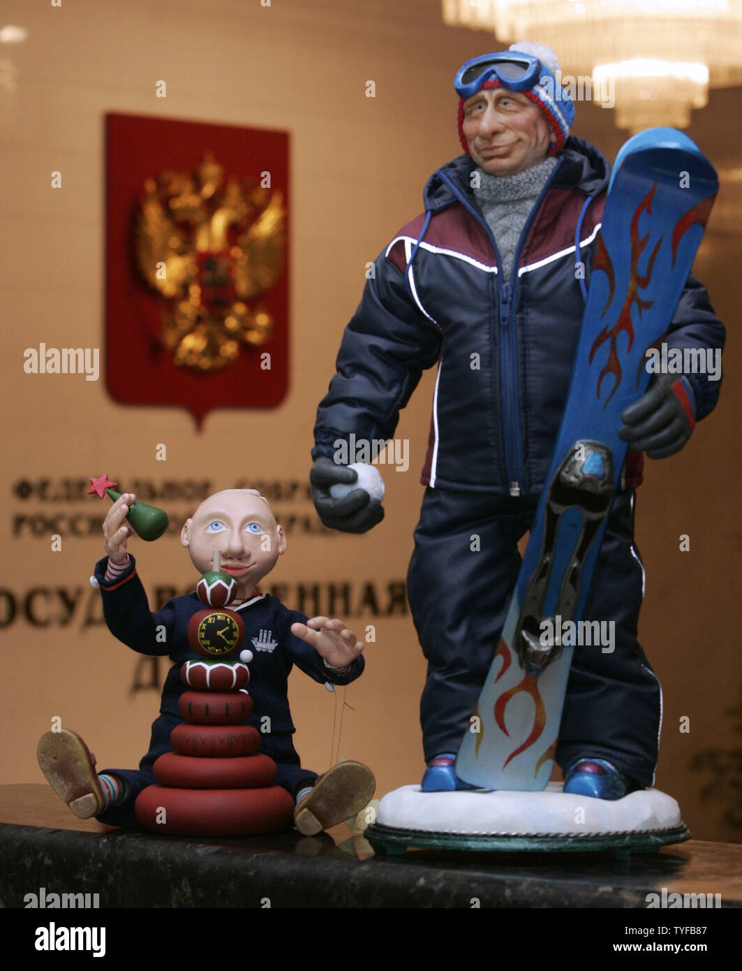 A handmade doll of Russian President Vladimir Putin as an alpine skier ...