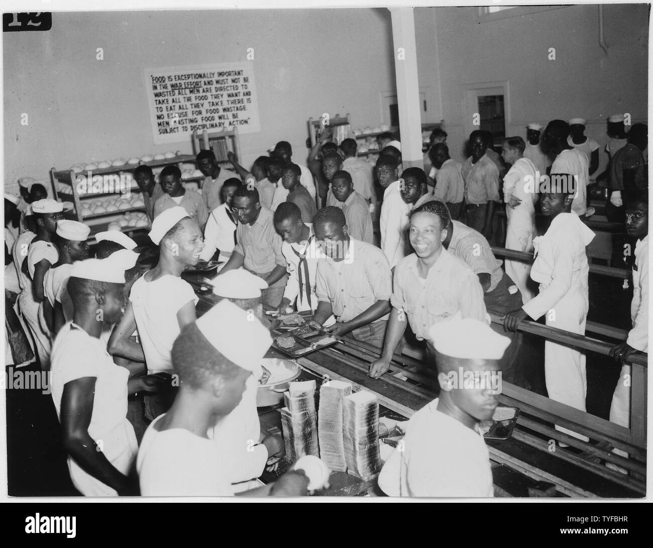 Photograph with caption Cafeteria Lines in Mess Hall at Naval Barracks ...