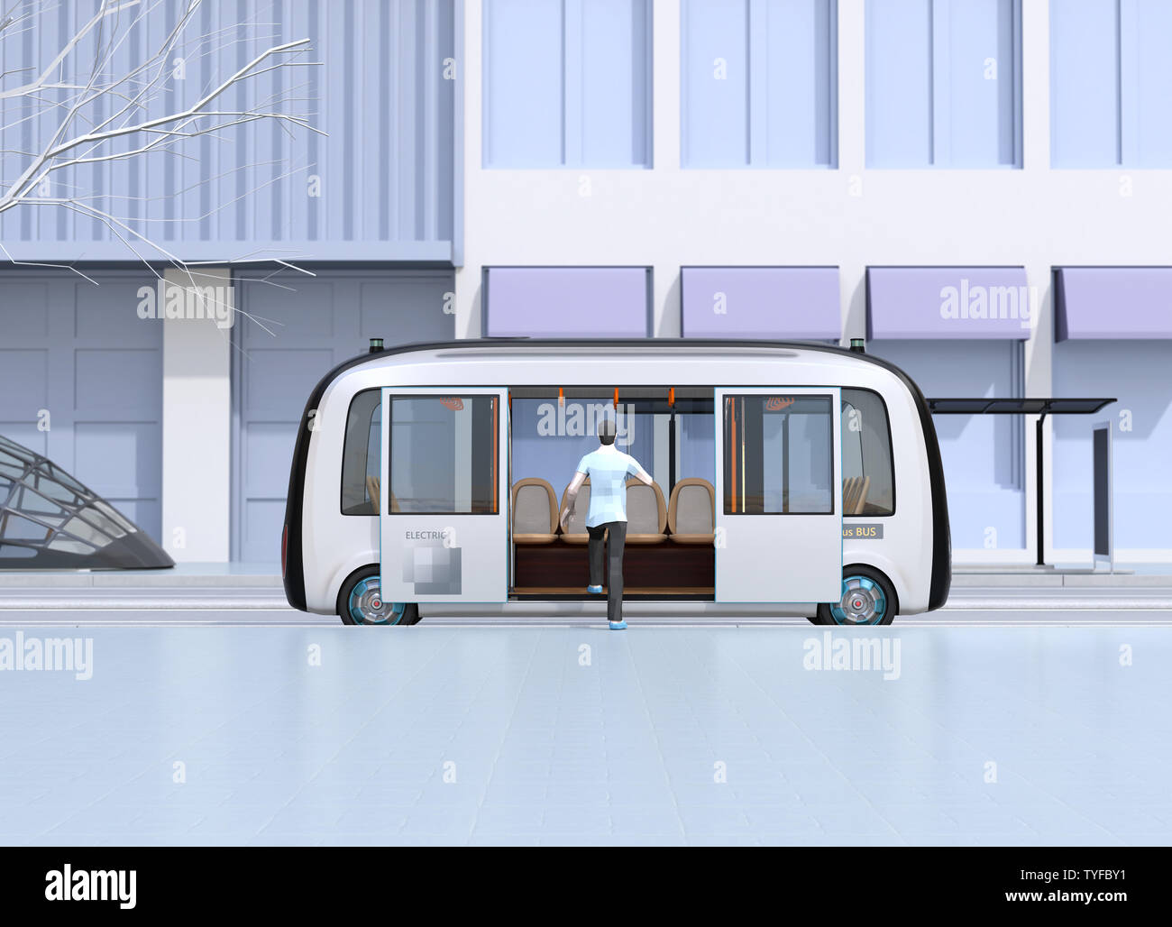 In a bus stop a man get on a autonomous bus. The bus stop equipped with ...