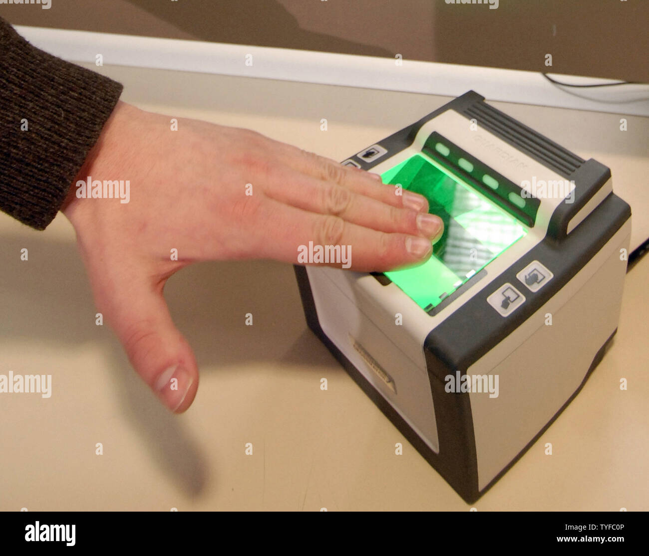 The new fingerprint scanner is on display at the U.S. embassy in Moscow ...
