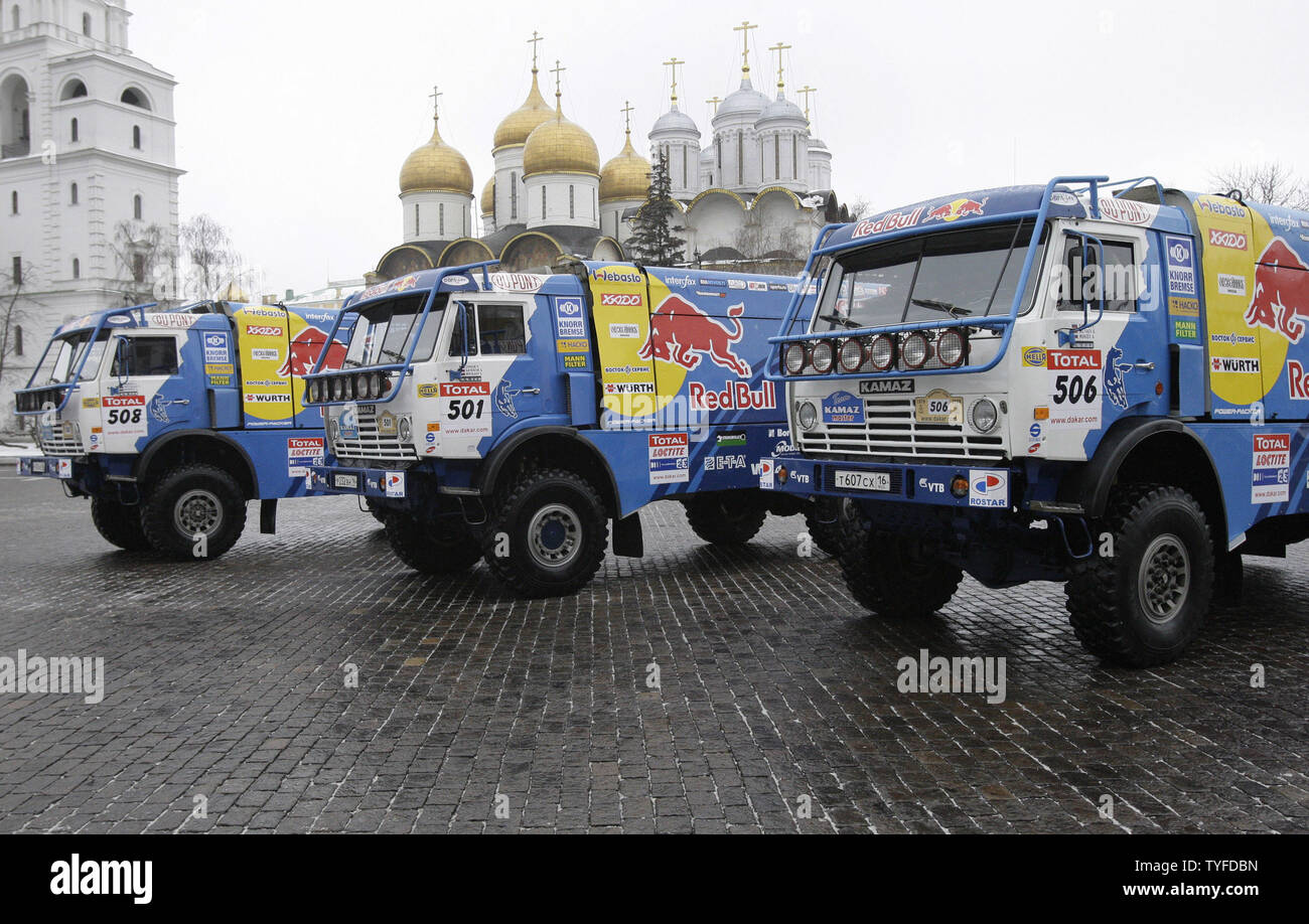 Russian Dakar Rally KAMAZ team's trucks are lined up on Cathedral ...