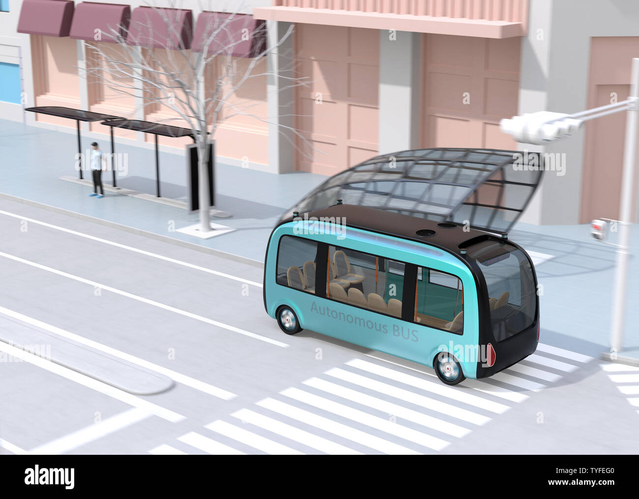 Self-driving shuttle bus is driving through an intersection. 3D ...