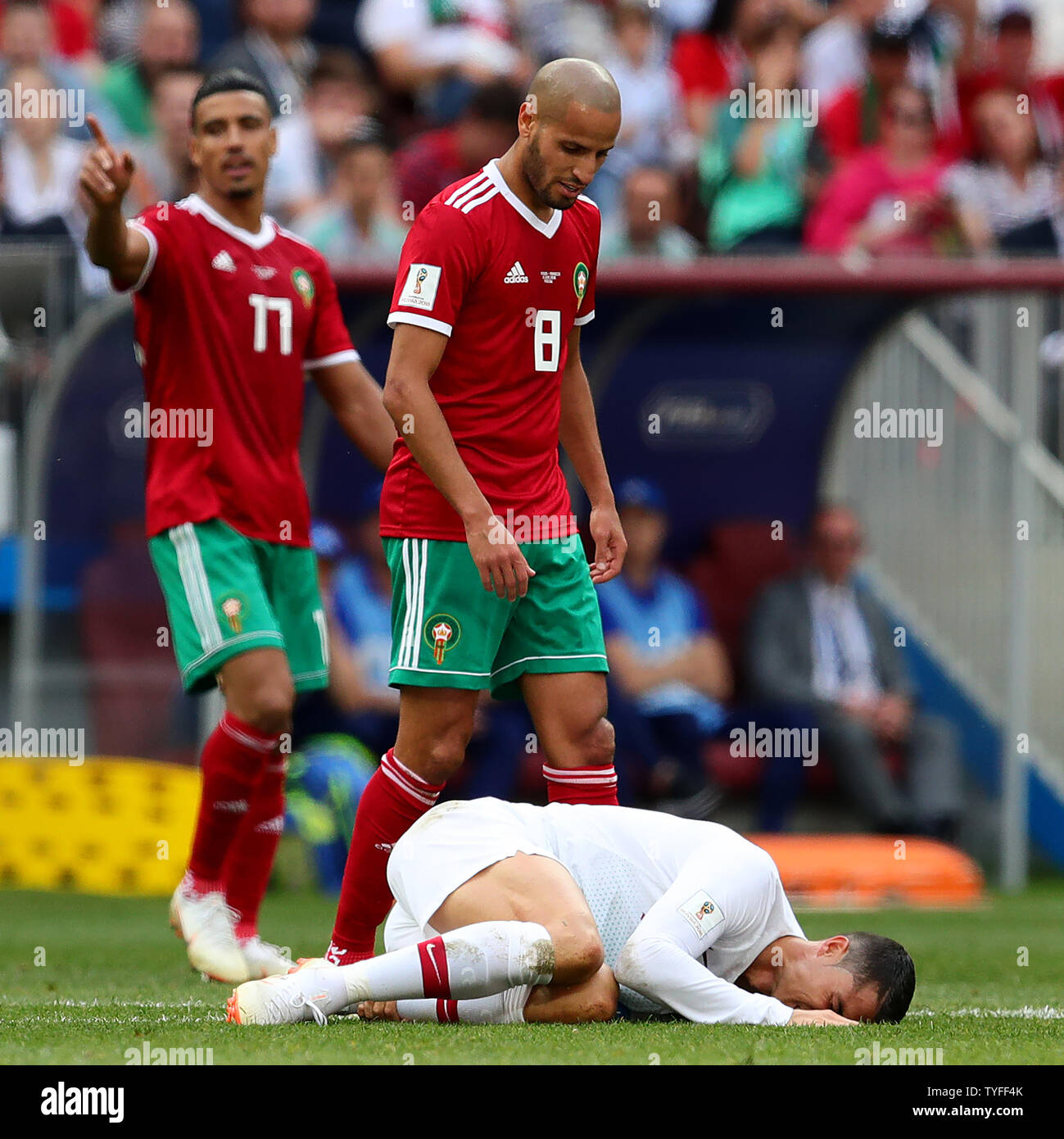 Cristiano Ronaldo of Portugal lies injured during the 2018 FIFA World ...