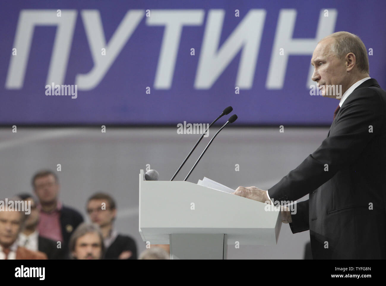 Russian Prime Minister and presidential candidate Vladimir Putin speaks ...