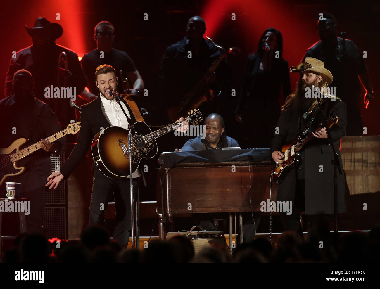 Chris Stapleton (R) with Justin Timberlake perform at the 49th Annual ...