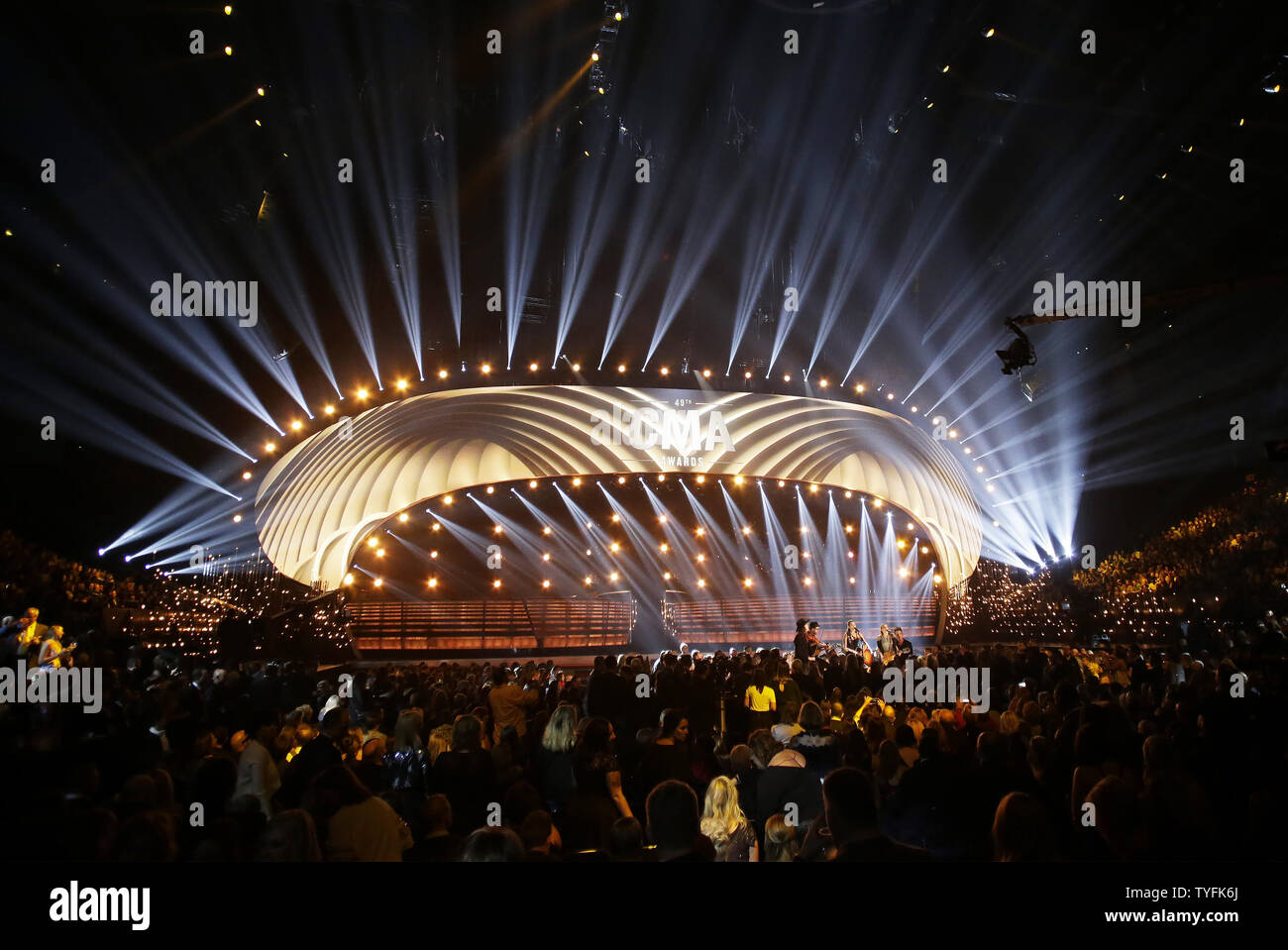 Stage lights showcase the performance area at the 49th Annual CMA ...