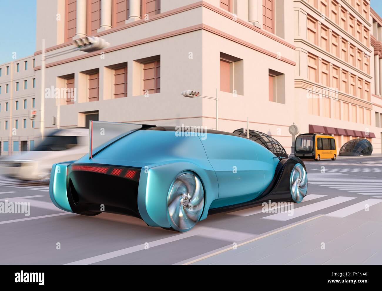 Rear view of metallic blue self driving sedan driving on the road. Ride ...