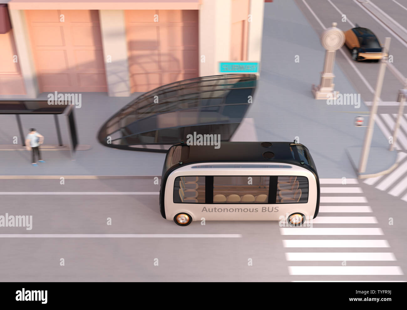 Self-driving shuttle bus at bus stop. 3D rendering image Stock Photo ...