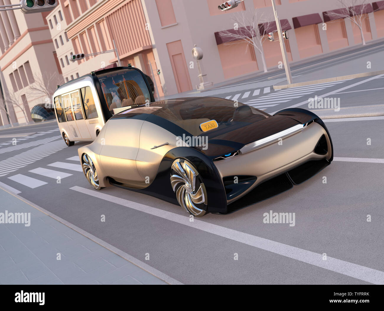 Self driving sedan driving fast on the road at sunset. Autonomous bus ...