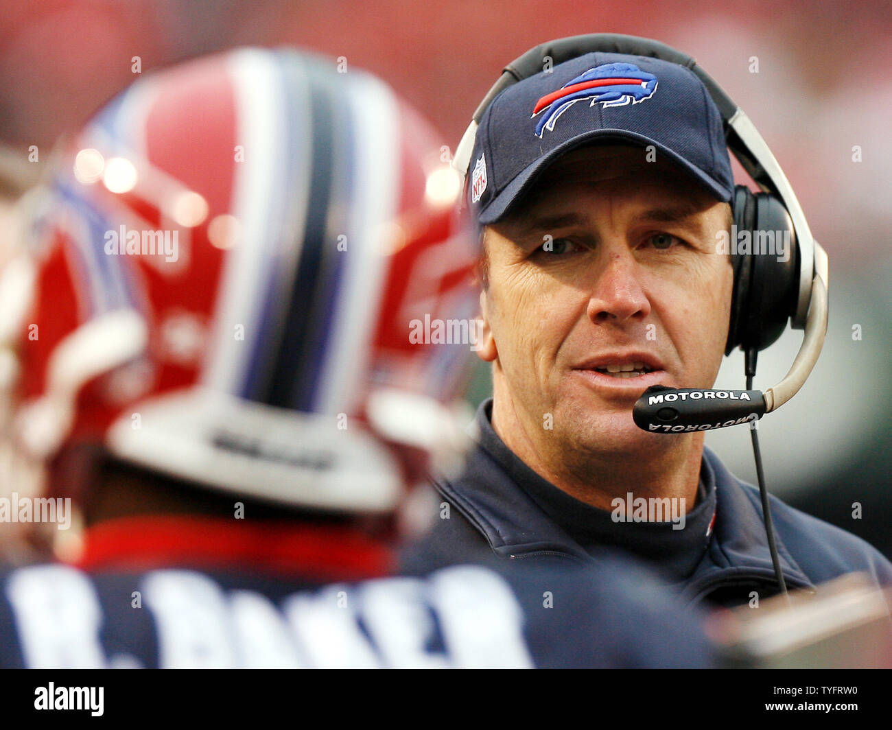 Buffalo Bills head coach Mike Mularkey looks at one of his players on ...