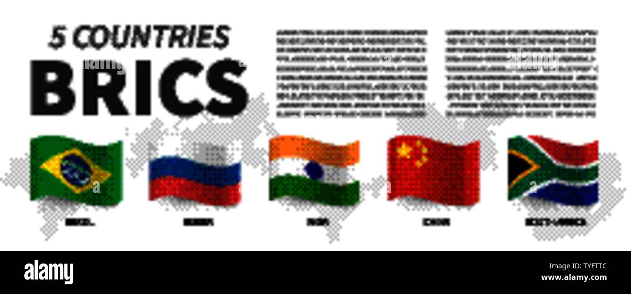 BRICS . Association of 5 countries and flags and map . Waving flag ...