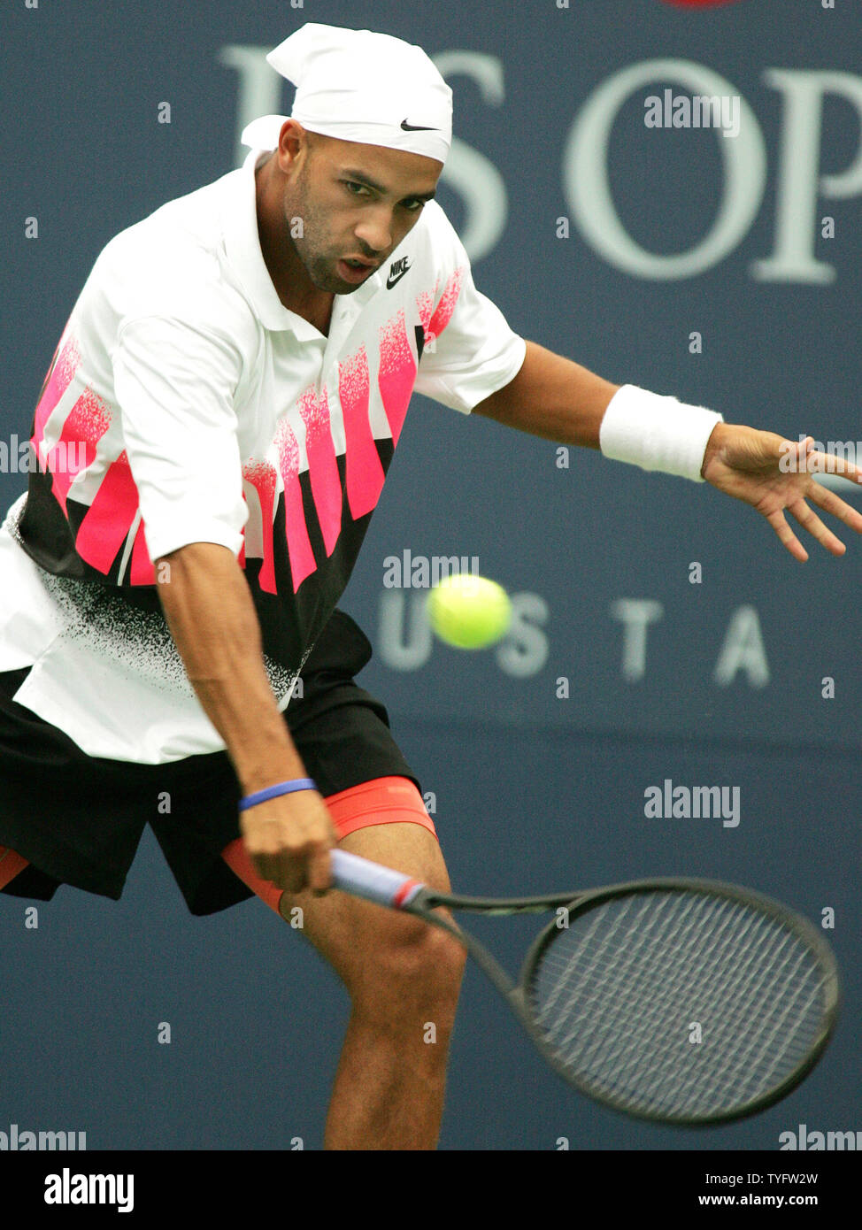 James Blake (USA), who is seeded fifth, returns the ball to Teimuraz ...