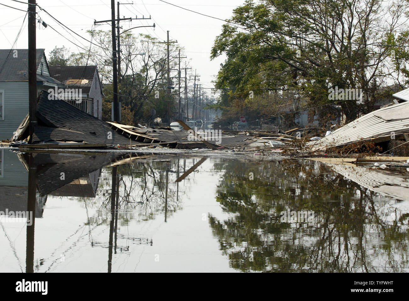Flood water from a levee break, caused by Hurricane Katrina, fills the streets of the Ninth Ward ...