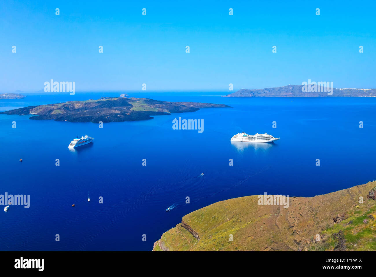 Santorini, Greece caldera, volcano island and sea panorama with cruise ...