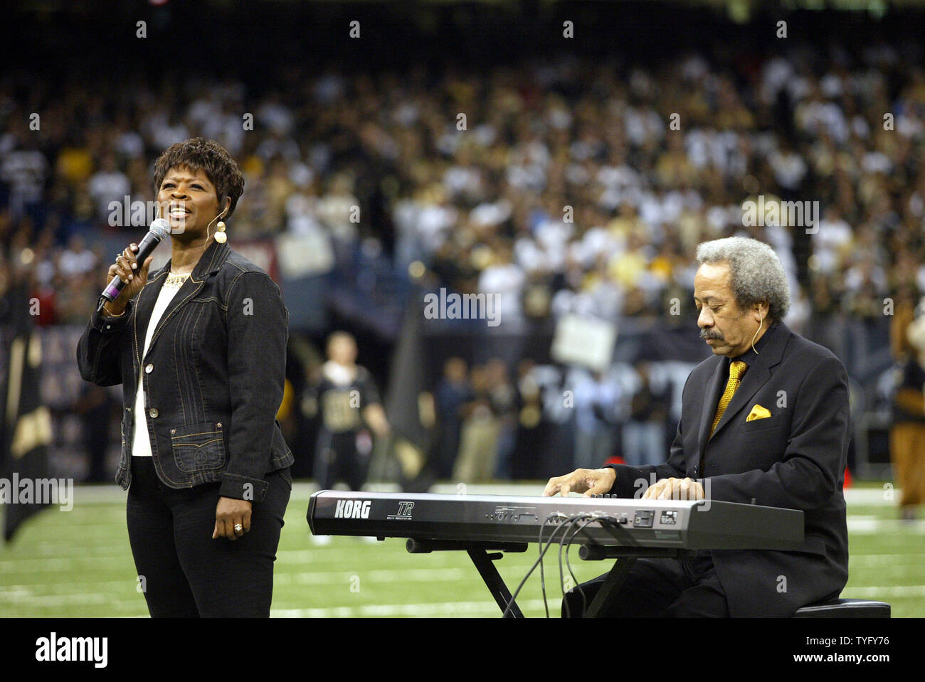 Irma Thomas sings the national anthem accompanied by Allen Toussaint before the start of the New ...