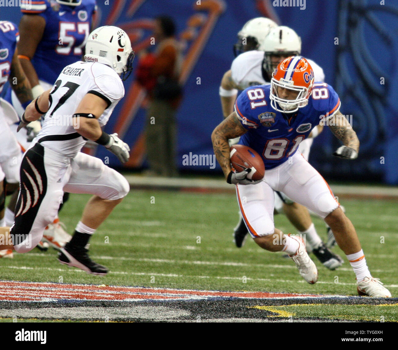 Florida Gator receiver Aaron Hernandez (81) eludes Cincinnati Bearcat ...